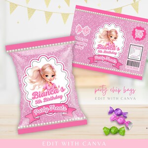 Pink Fashion Doll Chip Bag, Girl Birthday Treat Bags, Pink Favor Bags ...