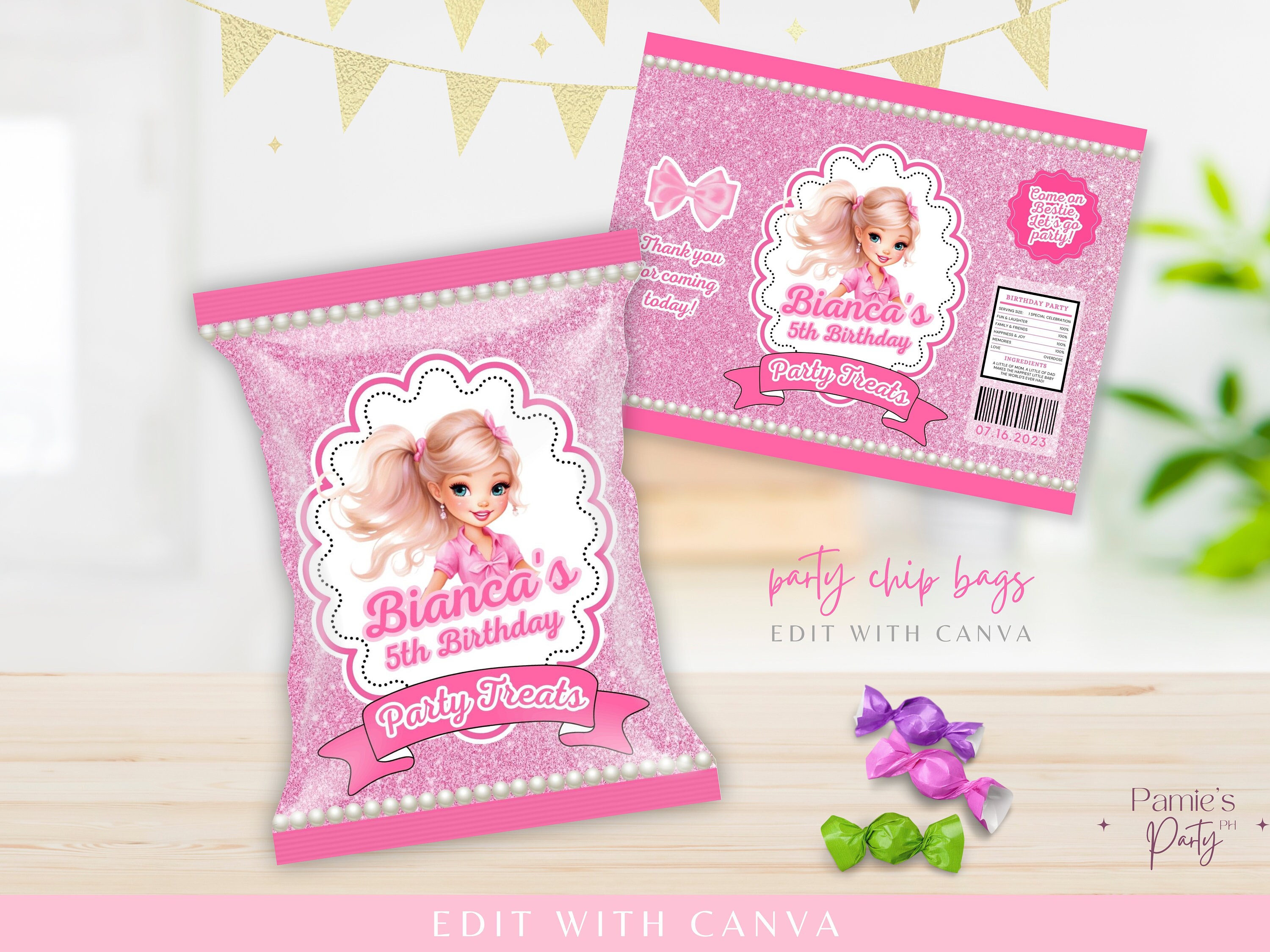 Pink Fashion Doll Chip Bag, Girl Birthday Treat Bags, Pink Favor Bags ...