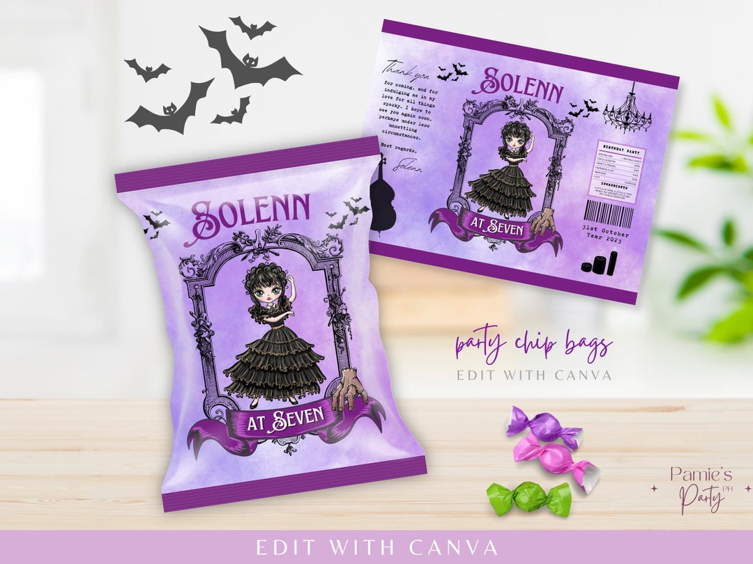 Wednesday Editable Chip Bag, Purple Girl Birthday, Candy Bag, Halloween ...
