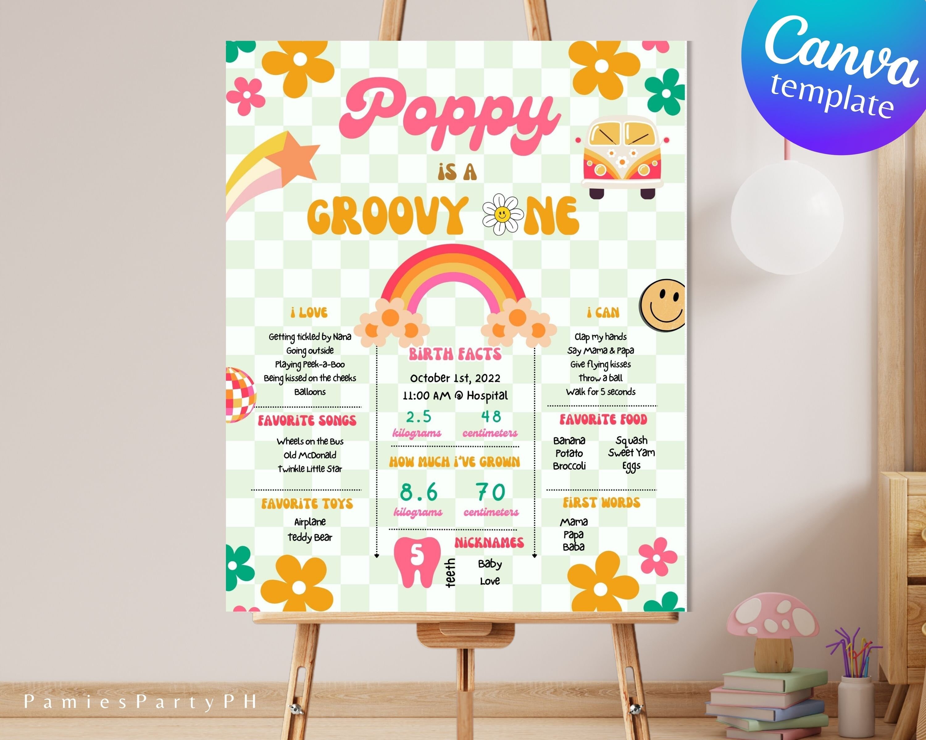 Groovy One Milestone Birthday Board, Editable Groovy Party Sign, Retro ...