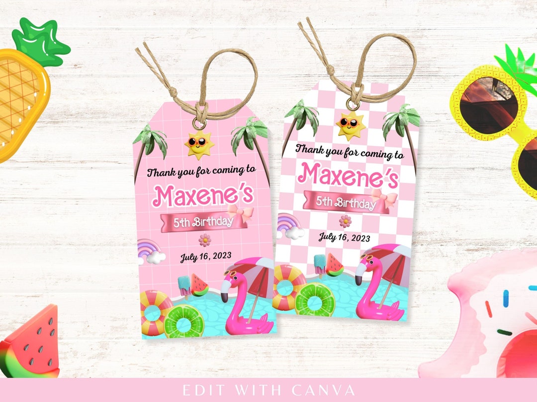 Pink Doll Pool Party Favor Tags, Thank You Tags, 1st Birthday Gift Tags ...