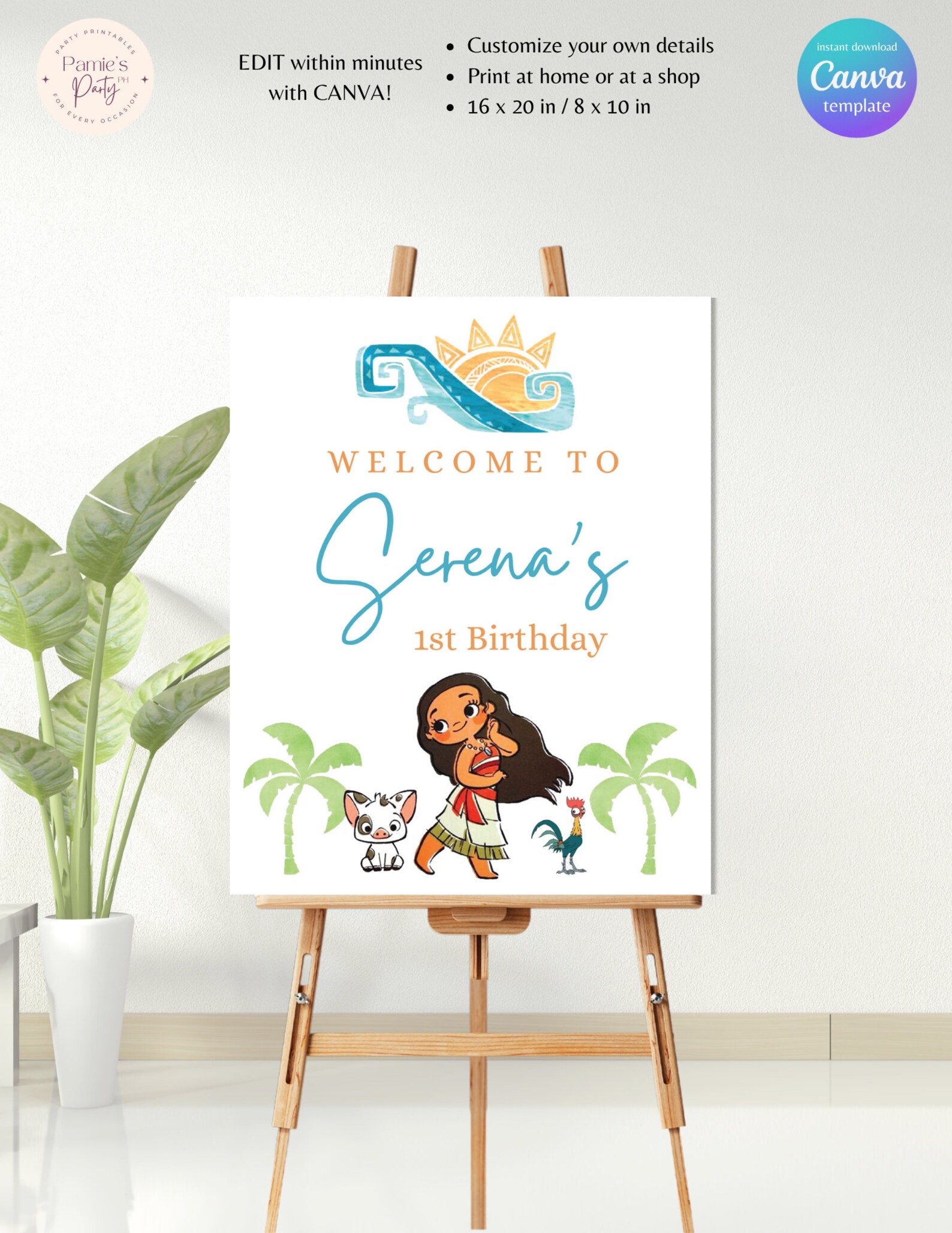 Moana Welcome Party Sign, Editable Tropical Birthday Sign, Welcome ...