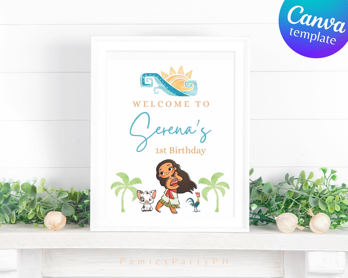 Moana Welcome Party Sign, Editable Tropical Birthday Sign, Welcome ...