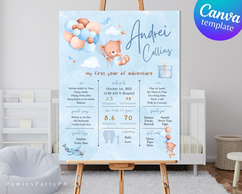 Bear and Balloons Milestone Birthday Board, Editable Birthday Board for ...