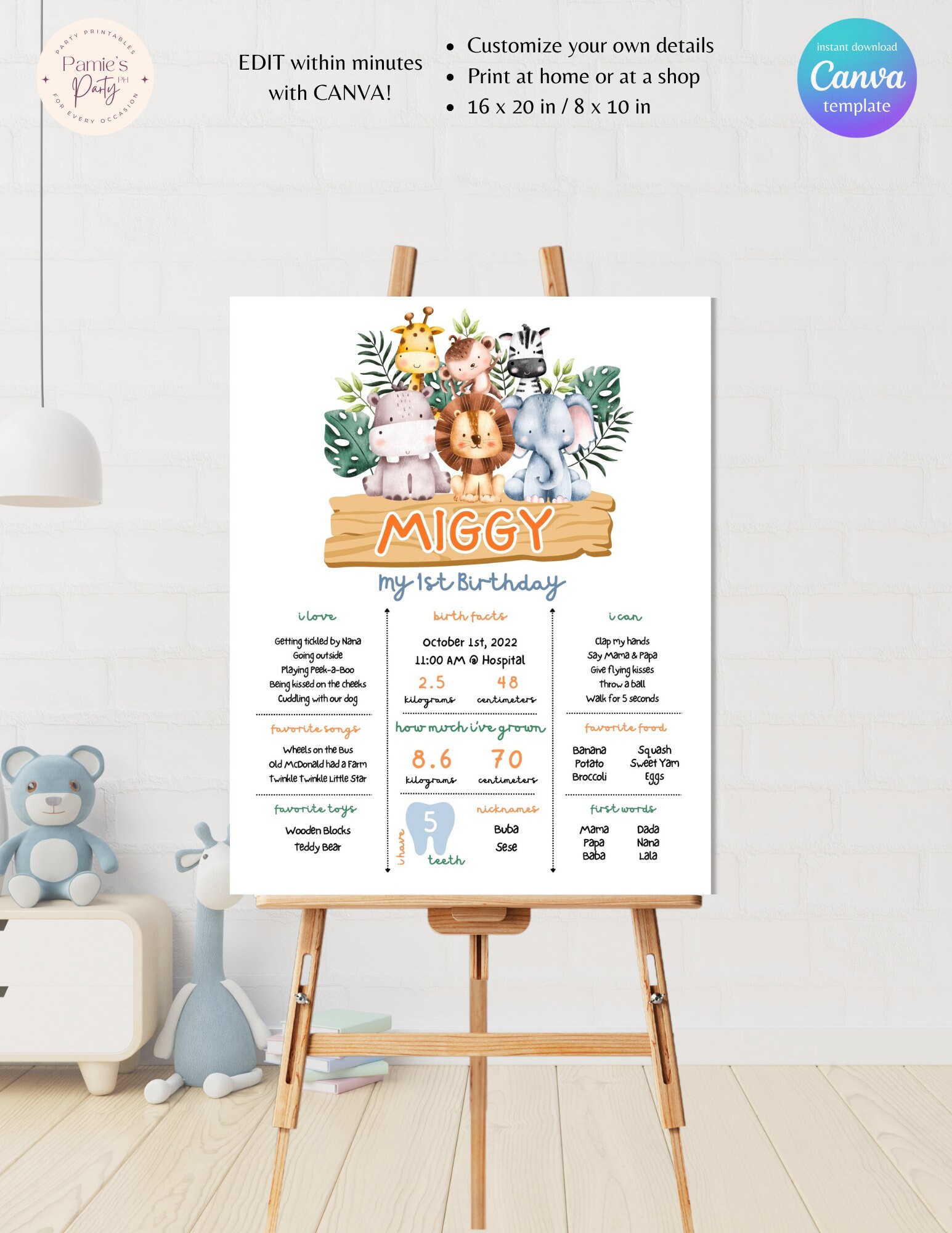 Baby Safari Milestone Board, Birthday Board, Jungle Safari 1st Birthday ...