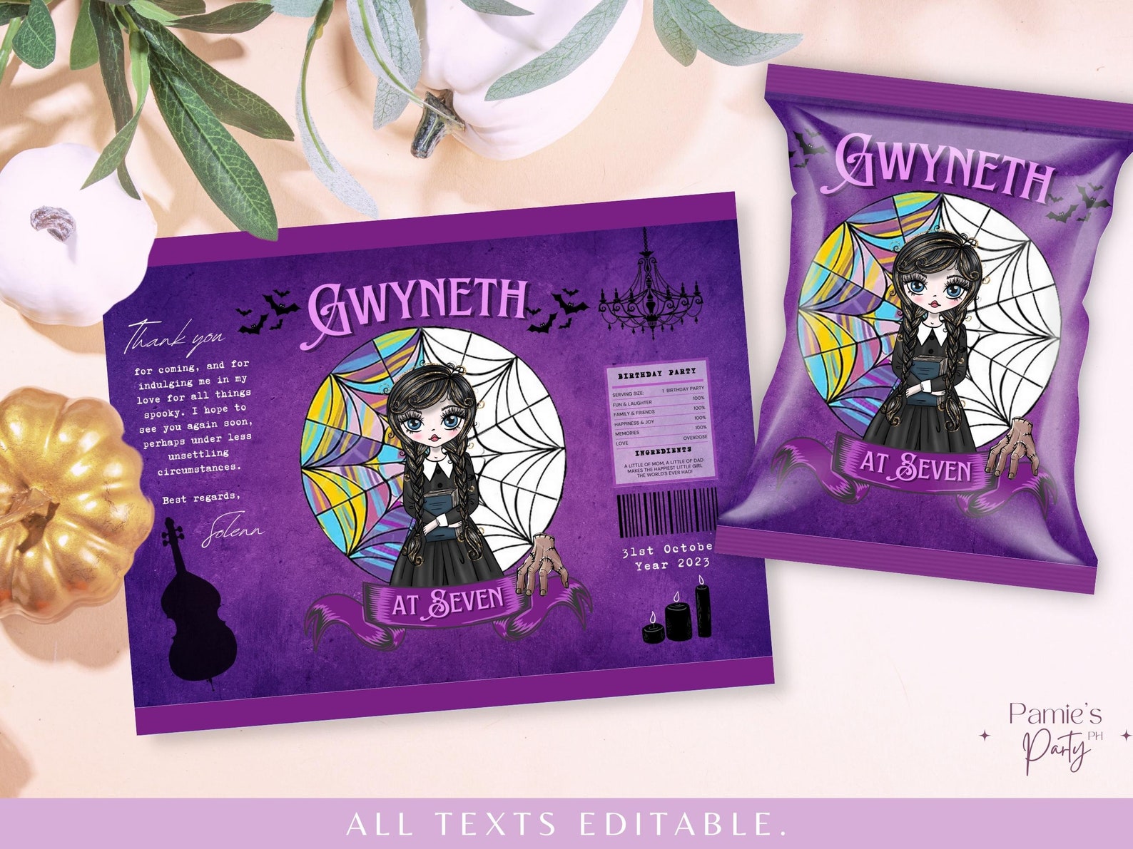 Wednesday Editable Chip Bag, Purple Girl Birthday, Candy Bag, Halloween ...