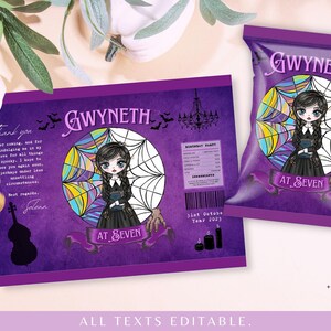 Wednesday Editable Chip Bag, Purple Girl Birthday, Candy Bag, Halloween ...