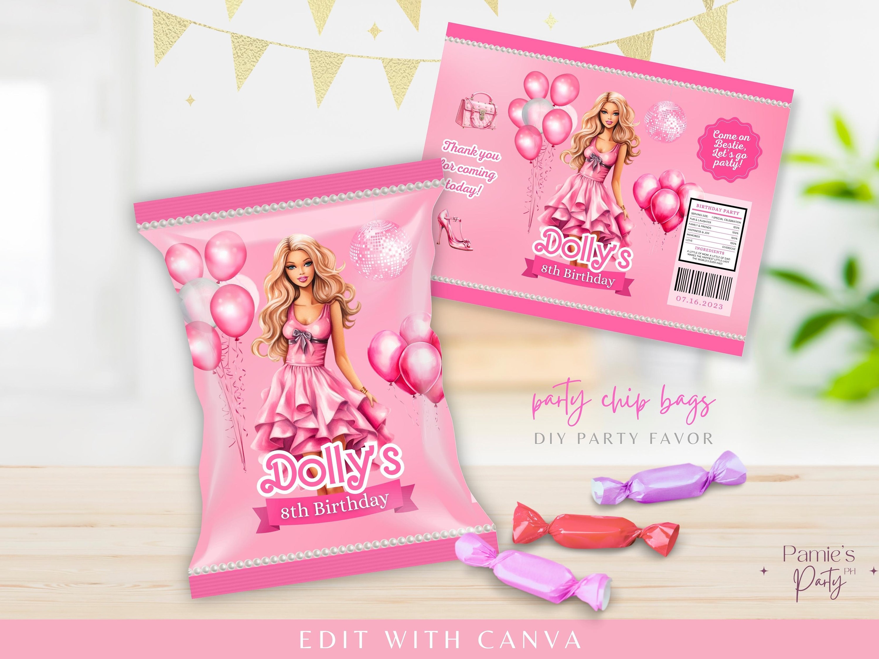 Pink Fashion Doll Chip Bag, Girl Birthday Treat Bags, Pink Favor Bags ...