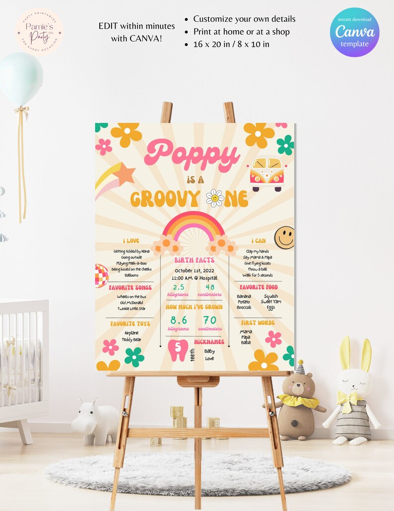 Groovy One Milestone Birthday Board, Editable Groovy Party Sign, Retro ...