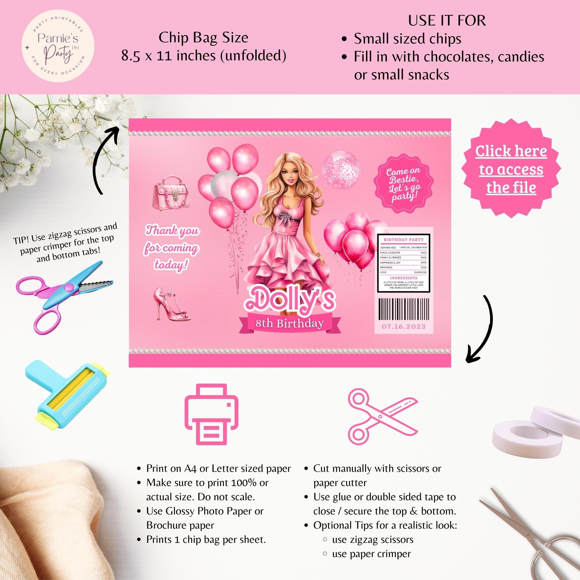 Pink Fashion Doll Chip Bag, Girl Birthday Treat Bags, Pink Favor Bags ...
