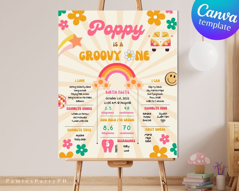 Groovy One Milestone Birthday Board, Editable Groovy Party Sign, Retro ...