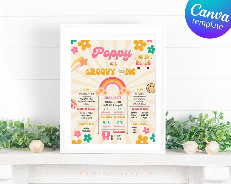 Groovy One Milestone Birthday Board, Editable Groovy Party Sign, Retro ...