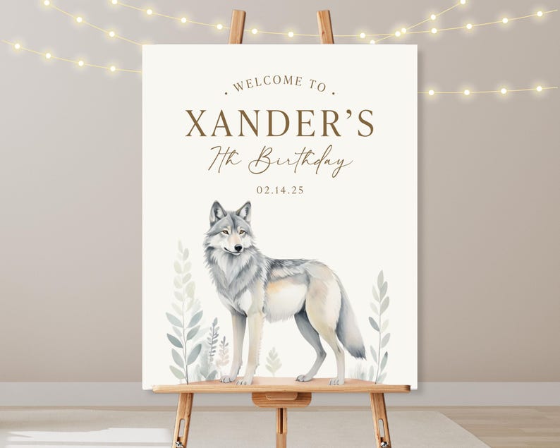 Woodland Party Welcome Sign, Wolf Watercolor Animal, Adventure Awaits, Editable Baby Shower ...