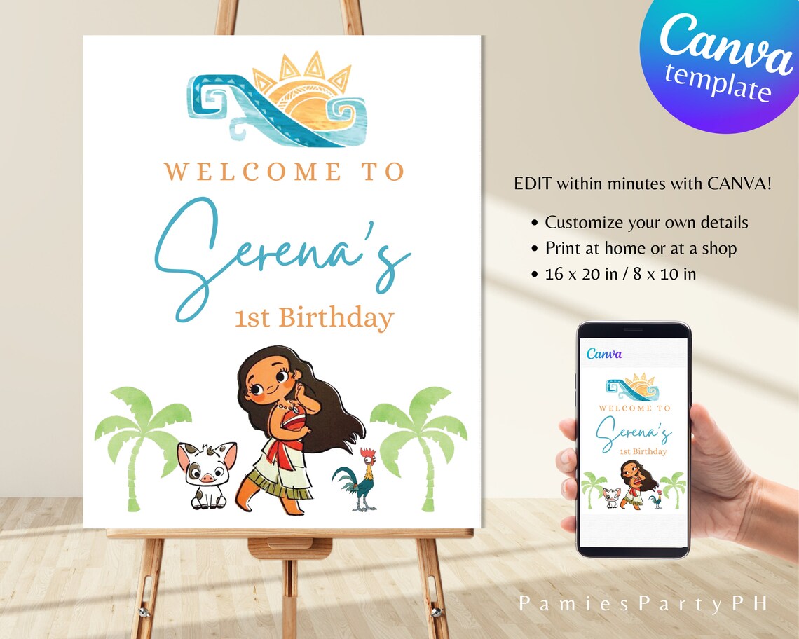Moana Welcome Party Sign, Editable Tropical Birthday Sign, Welcome ...