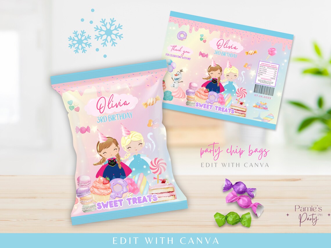 Pastel Candyland Chip Bag, Girl Birthday Treat Bags, Frozen Elsa and ...