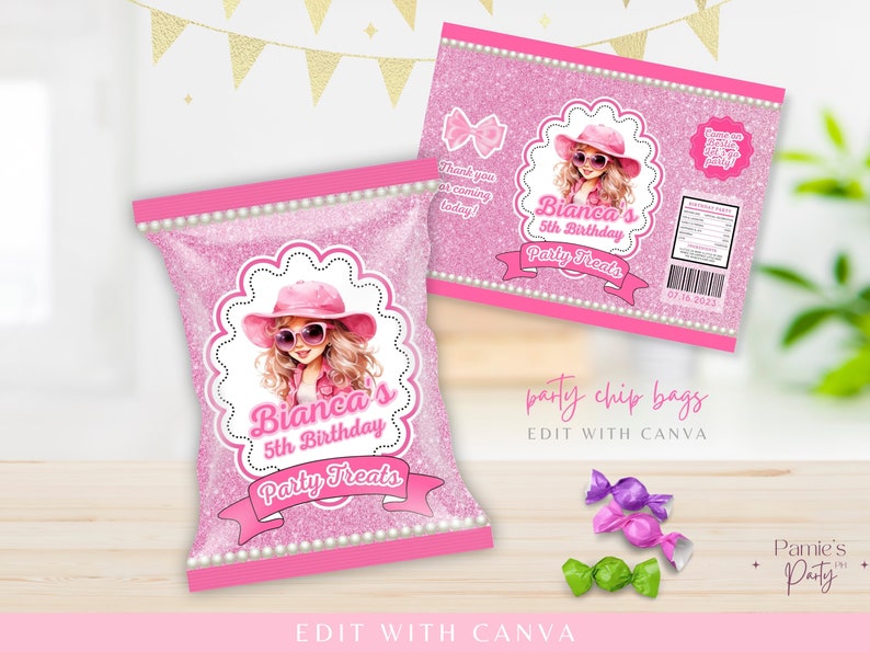 Pink Fashion Doll Chip Bag, Girl Birthday Treat Bags, Pink Favor Bags ...
