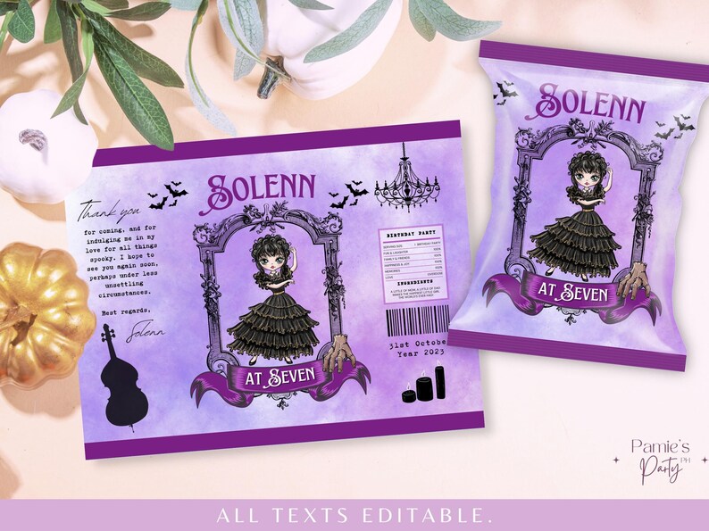 Wednesday Editable Chip Bag, Purple Girl Birthday, Candy Bag, Halloween ...
