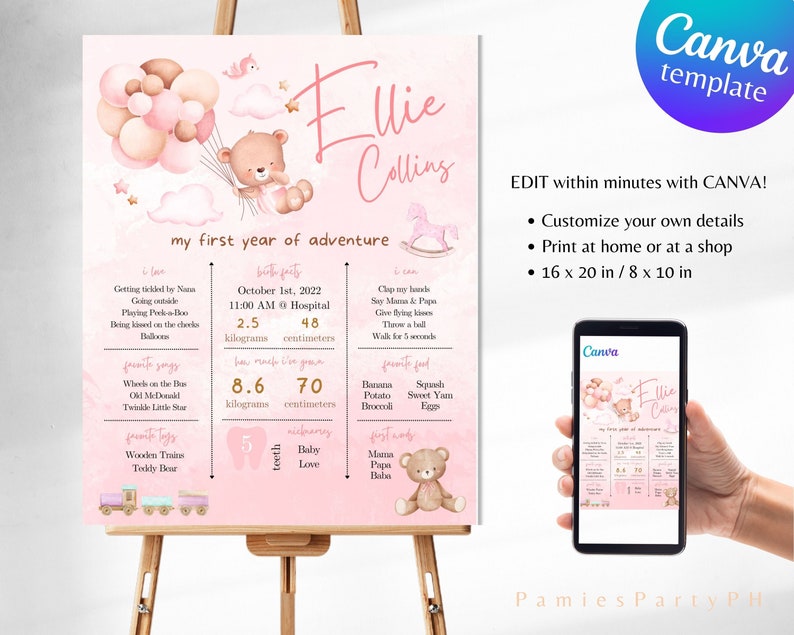 Bear and Balloons Milestone Birthday Board, Editable Birthday Board for ...