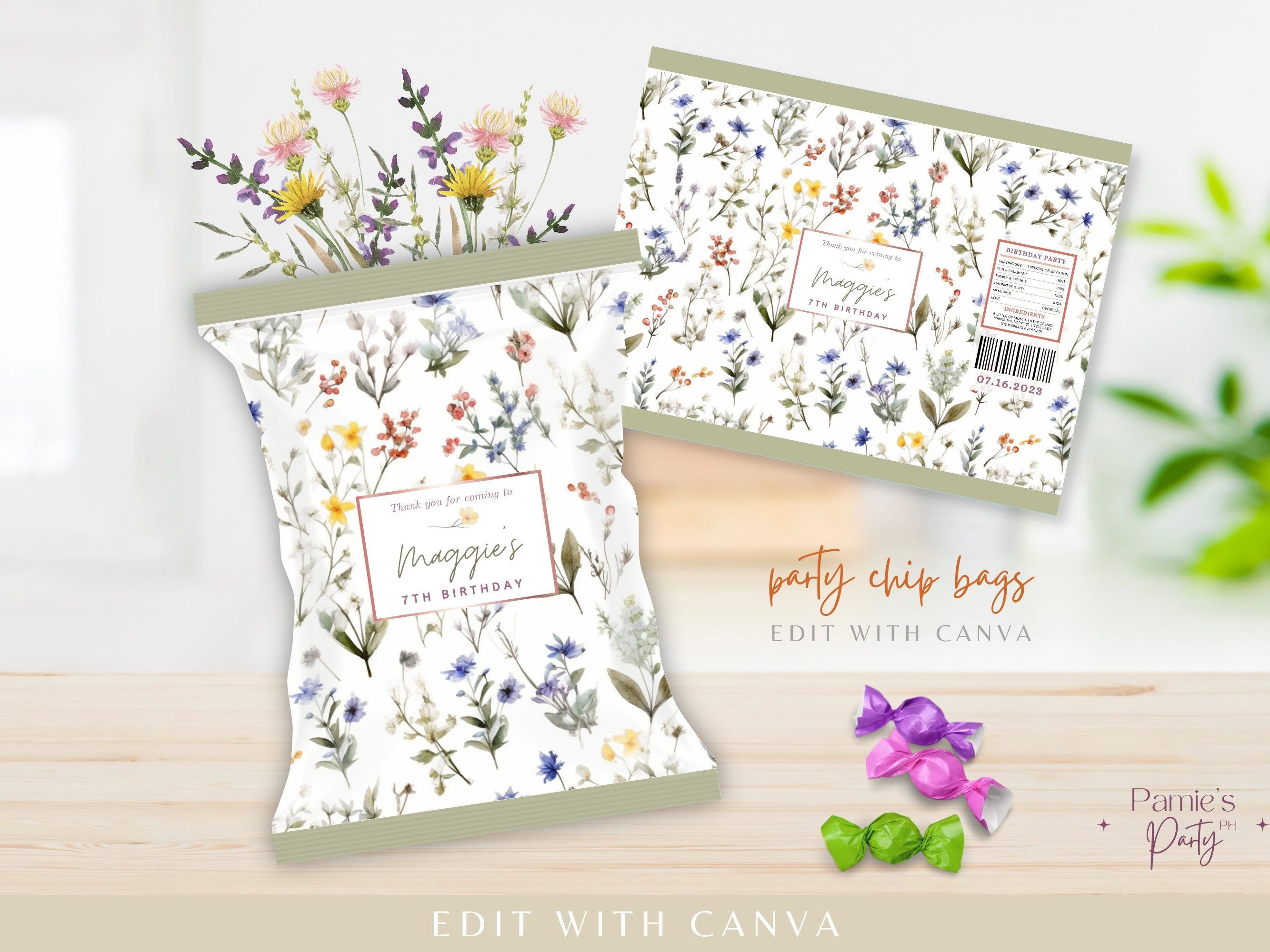 Editable Wildflower Chip Bag, Spring Birthday, Floral Baby Shower ...