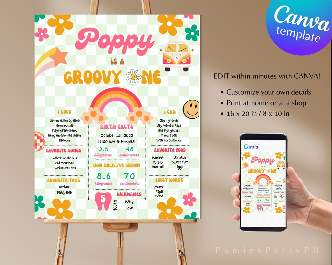 Groovy One Milestone Birthday Board, Editable Groovy Party Sign, Retro ...