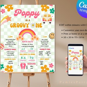 Groovy One Milestone Birthday Board, Editable Groovy Party Sign, Retro ...