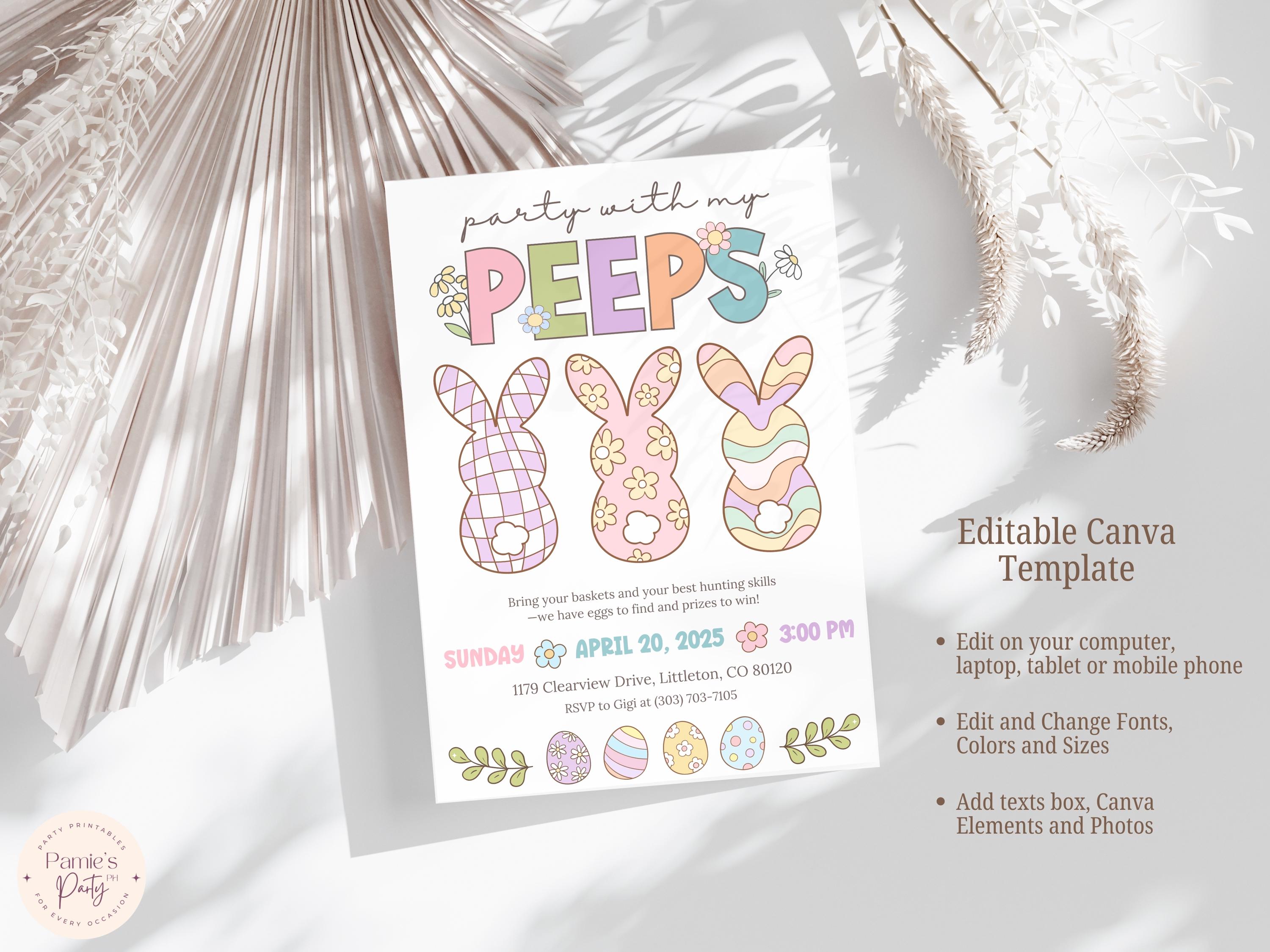 Party With My Peeps Easter Egg Party Invitation, Pastel Easter Bunny ...
