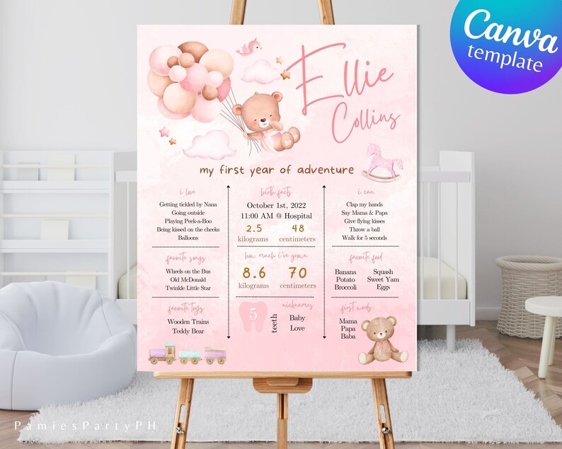 Bear and Balloons Milestone Birthday Board, Editable Birthday Board for ...