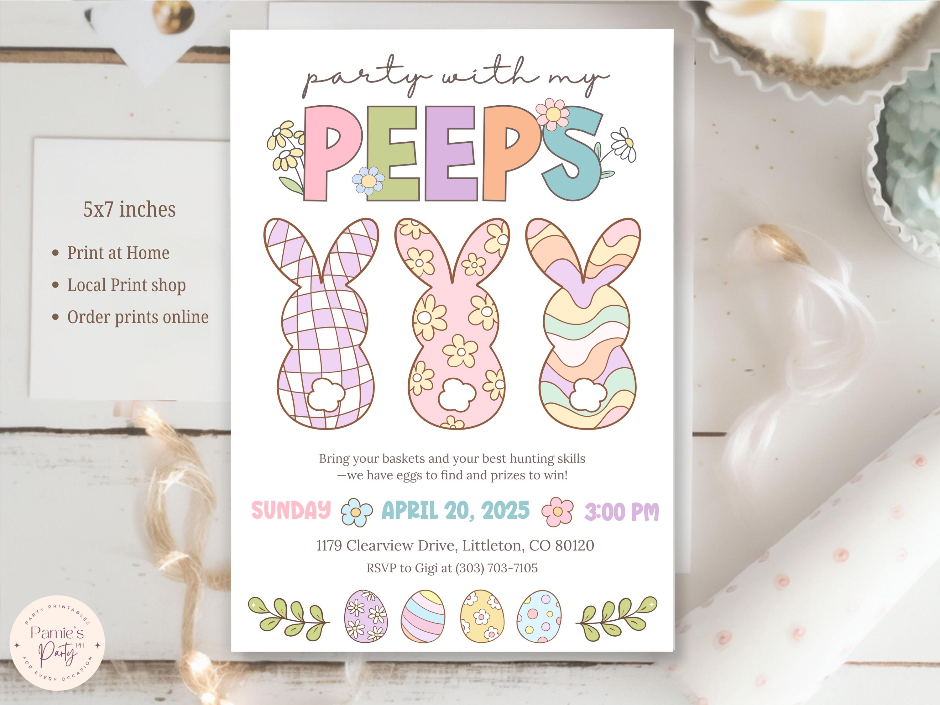 Party With My Peeps Easter Egg Party Invitation, Pastel Easter Bunny ...