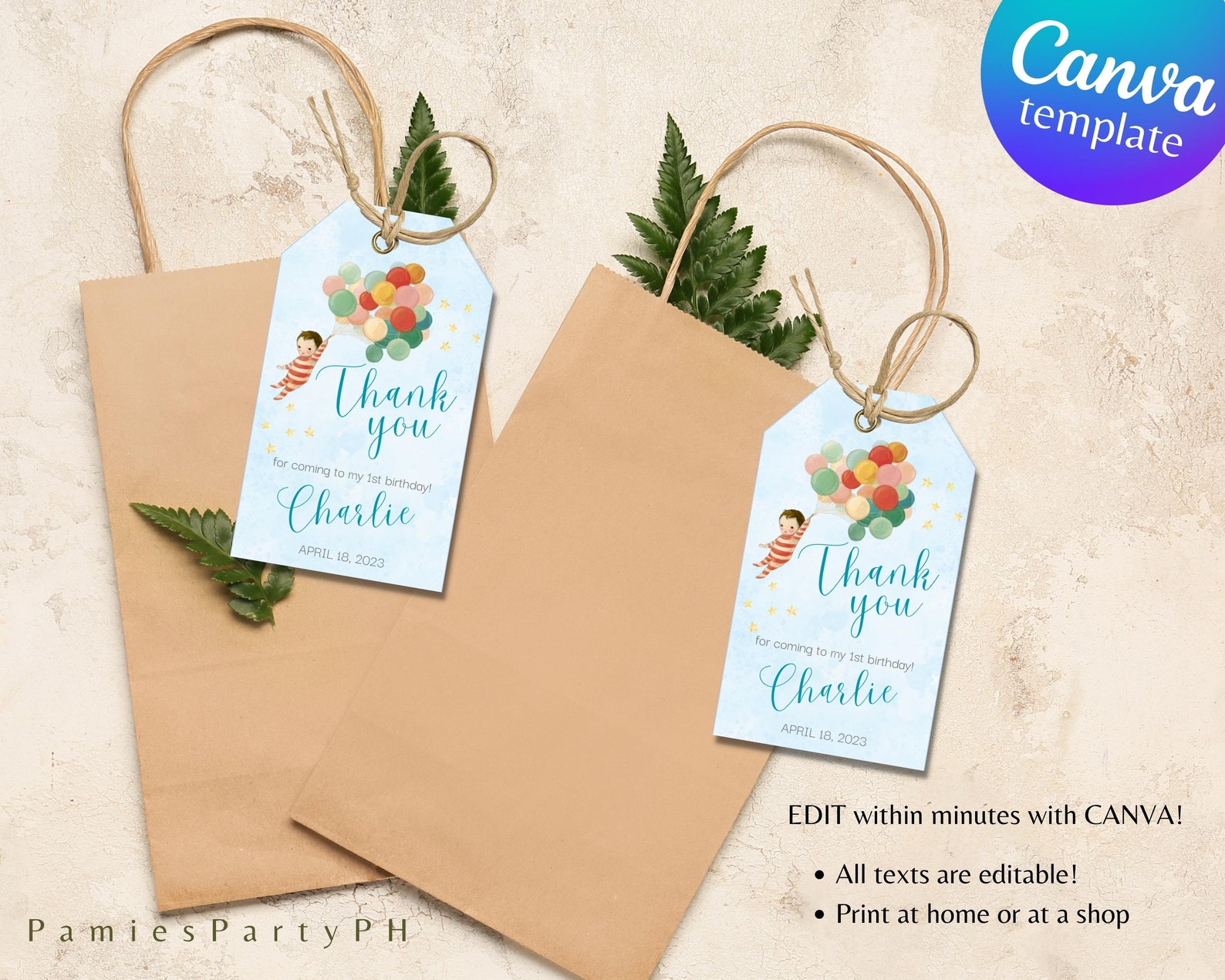 Onederful Birthday Favor Tags, Balloons, Canva Template (digital ...