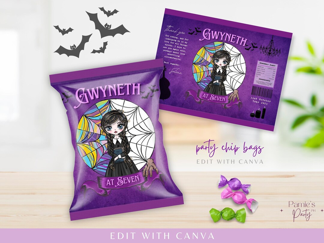 Wednesday Editable Chip Bag, Purple Girl Birthday, Candy Bag, Halloween ...