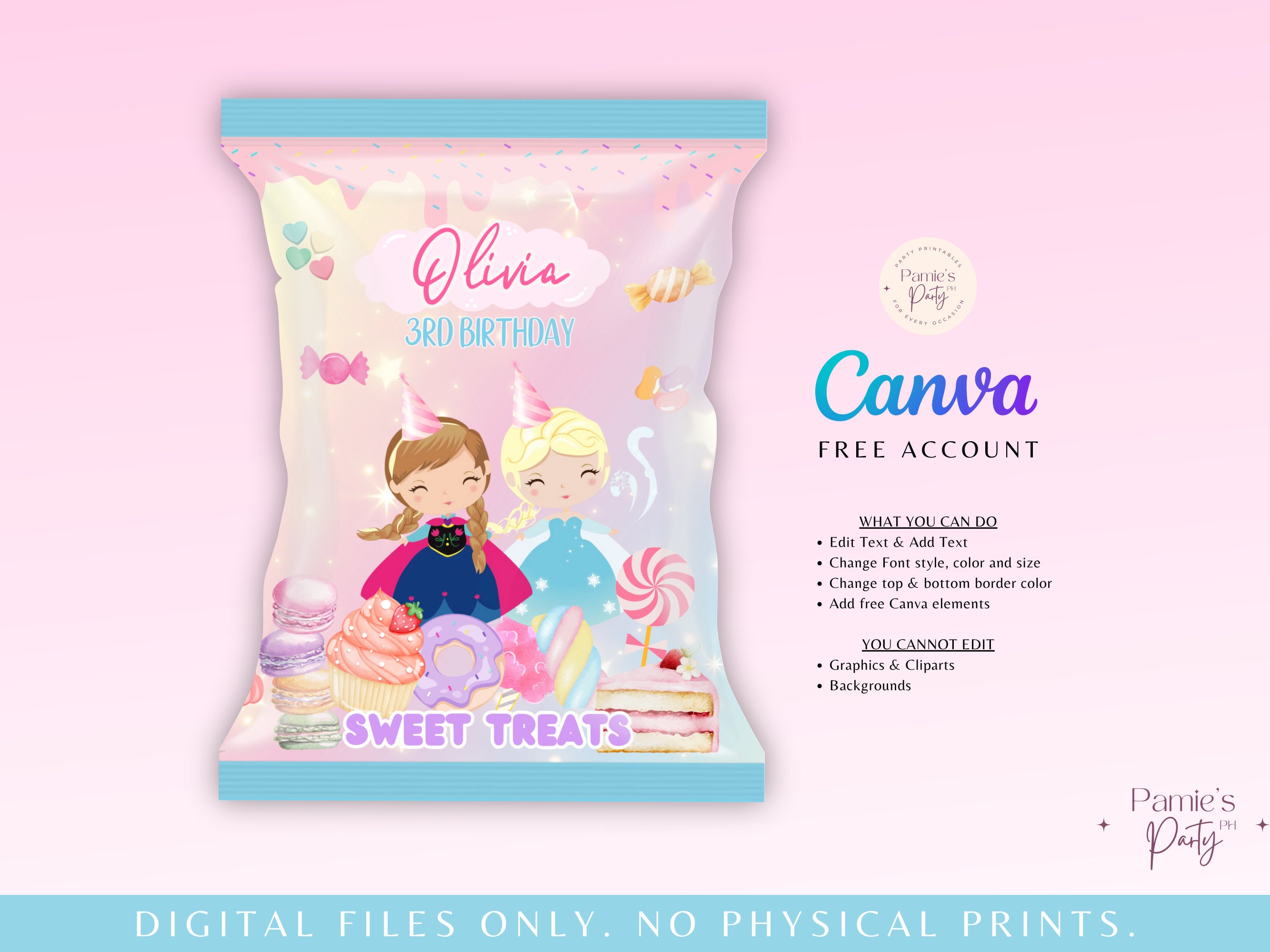 Pastel Candyland Chip Bag, Girl Birthday Treat Bags, Frozen Elsa and ...