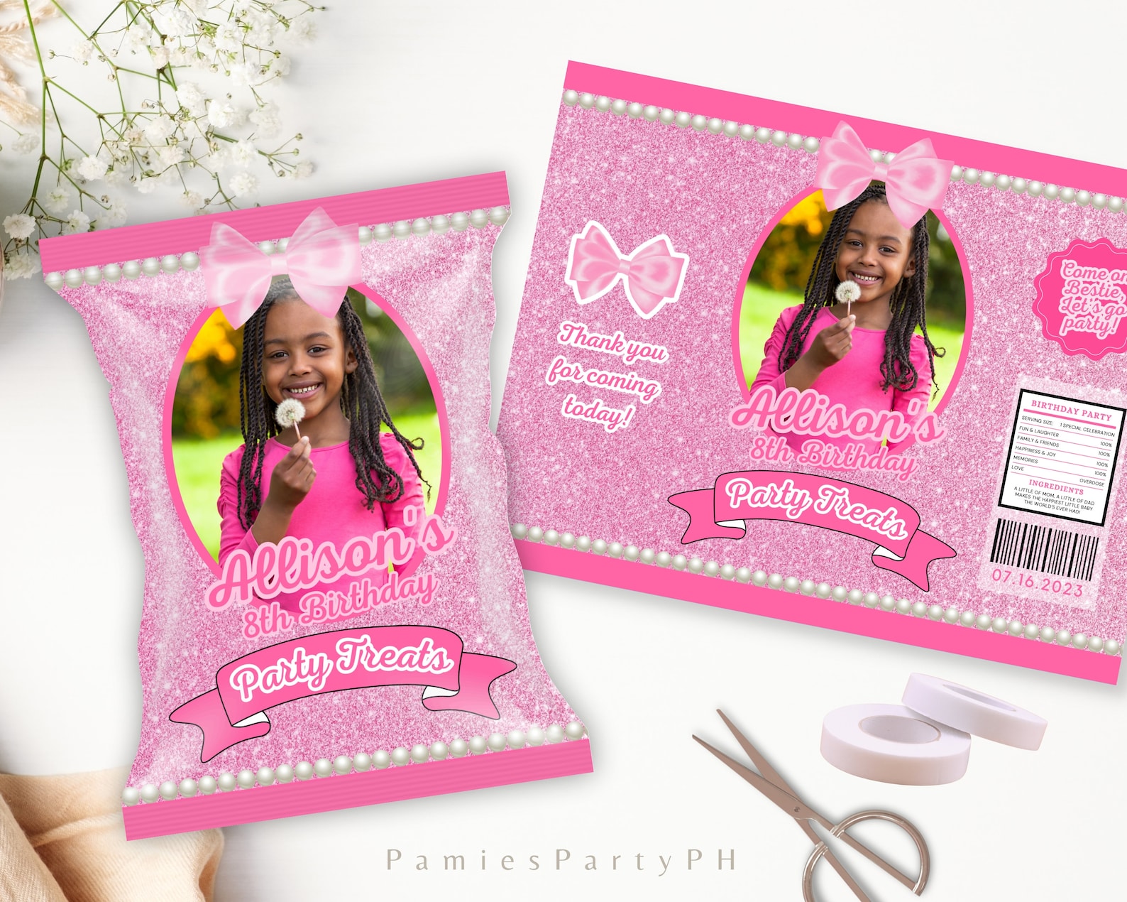 Pink Glitter Editable Chip Bag With Photo, Pink Girl Birthday Candy Bag ...