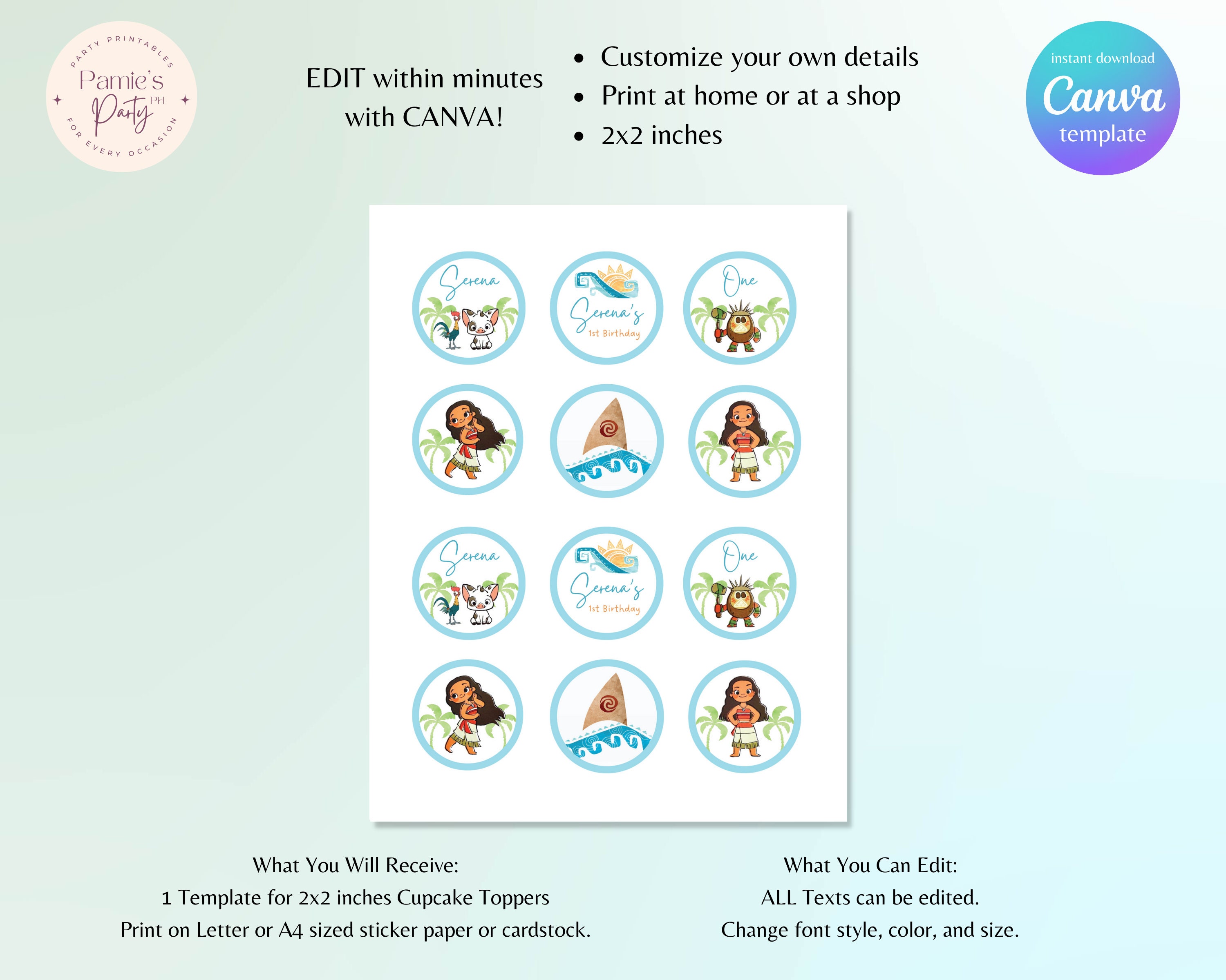 Moana Cupcake Toppers, Editable Toppers, Food Labels, Minimalist | Edit ...