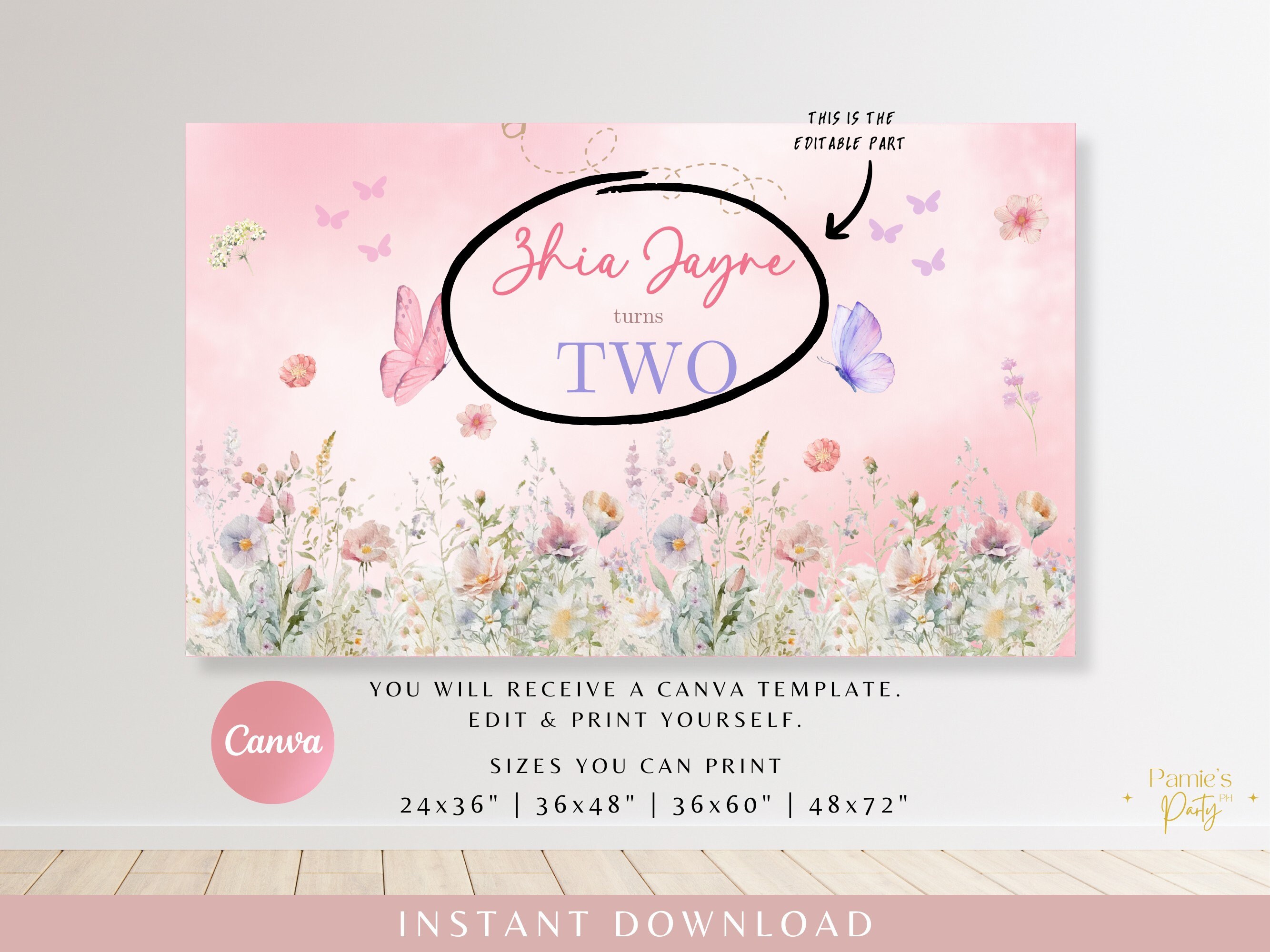 Editable Butterfly Backdrop, Birthday Backdrop Printable, Wildflowers ...