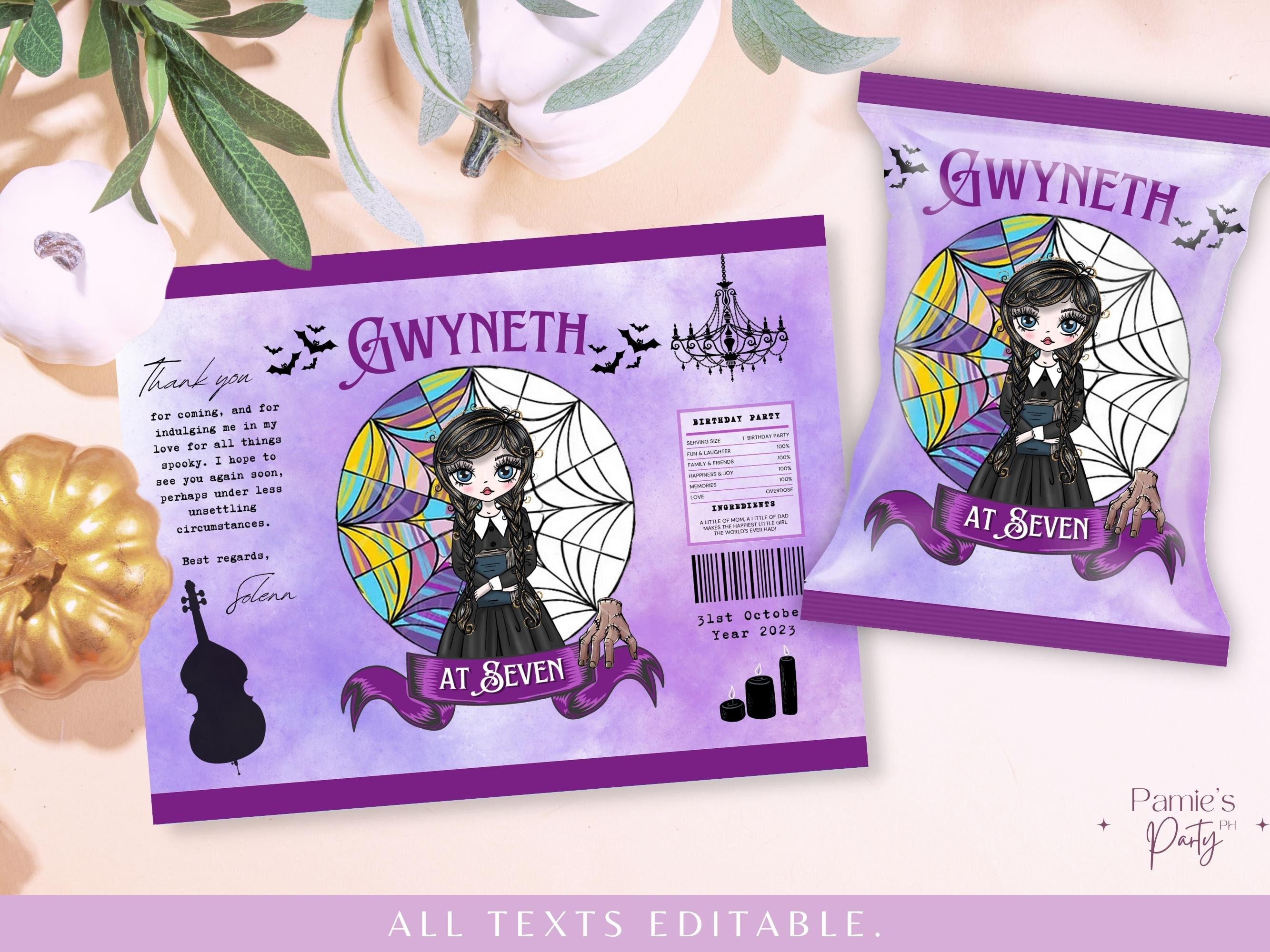 Wednesday Editable Chip Bag, Purple Girl Birthday, Candy Bag, Halloween ...