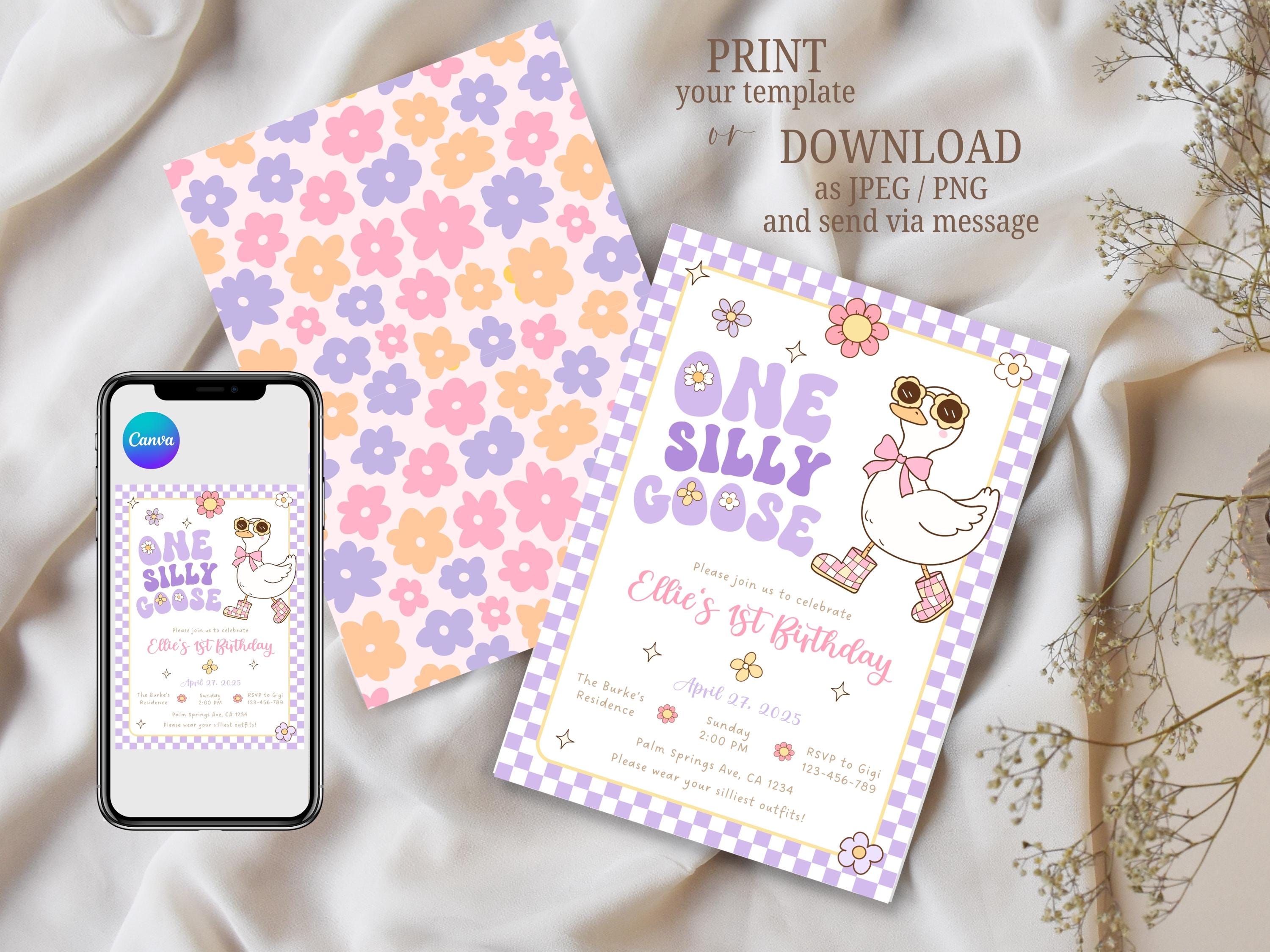 One Silly Goose 1st Birthday Invitation, Floral Girl Party Invite ...