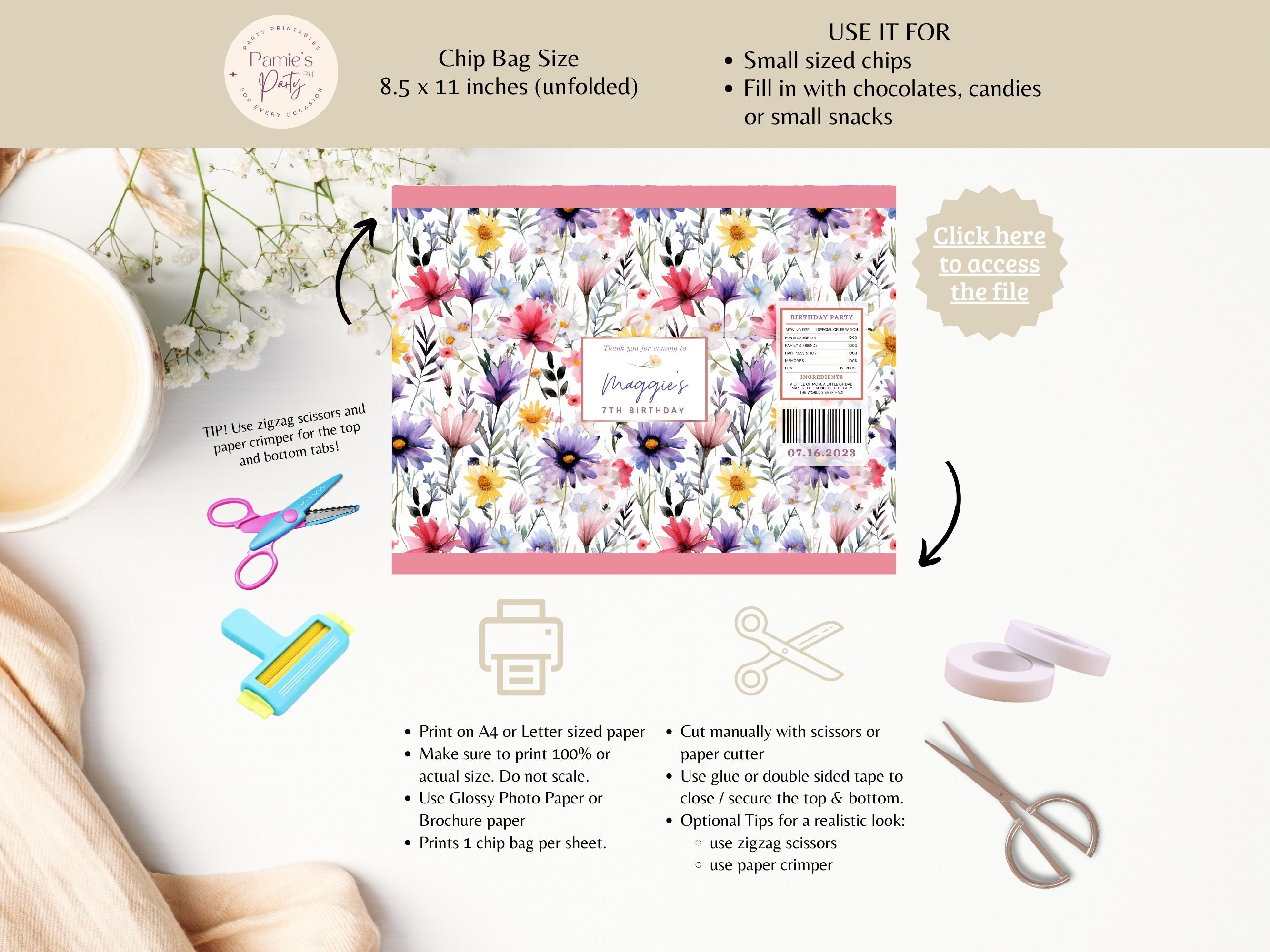 Editable Wildflower Chip Bag, Spring Birthday, Floral Baby Shower ...