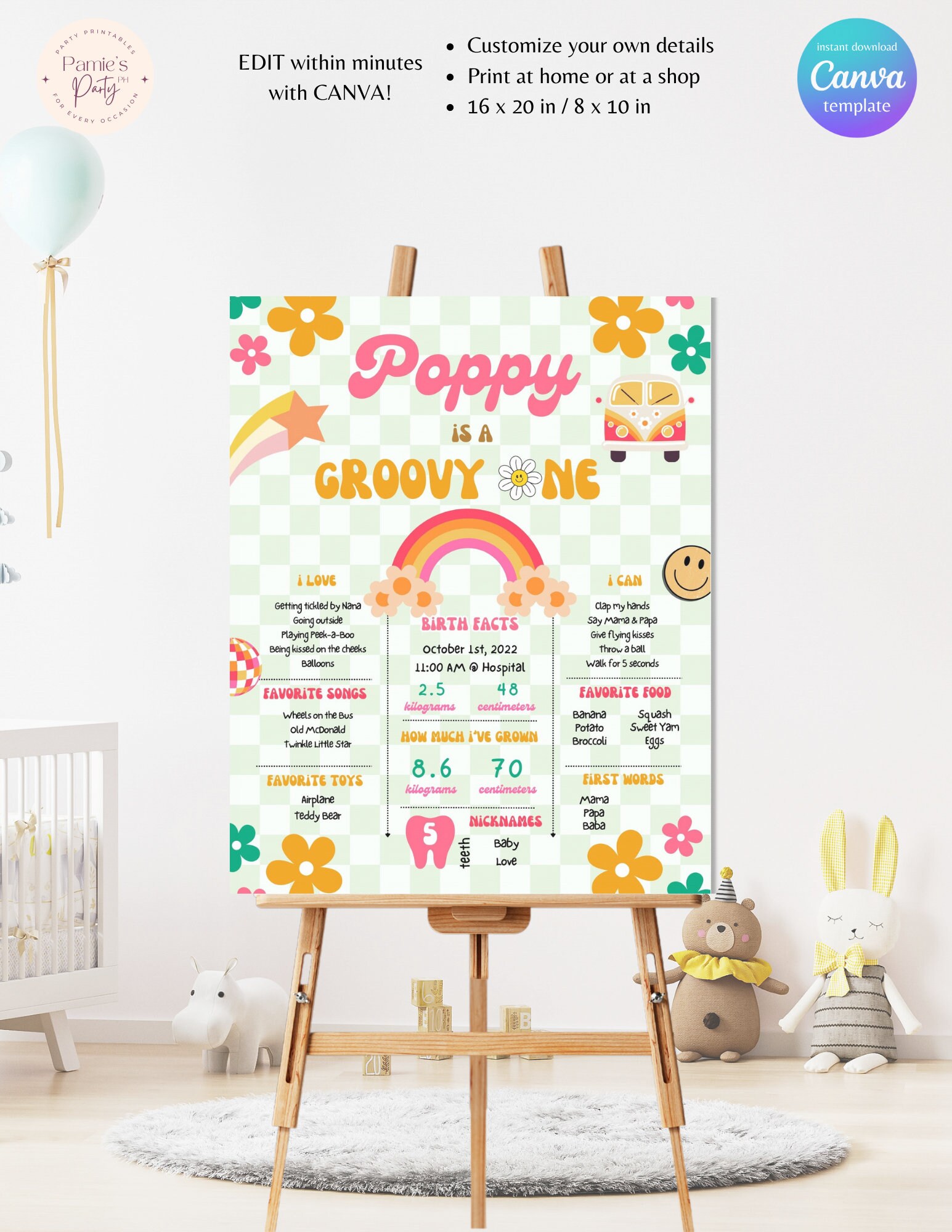 Groovy One Milestone Birthday Board, Editable Groovy Party Sign, Retro ...