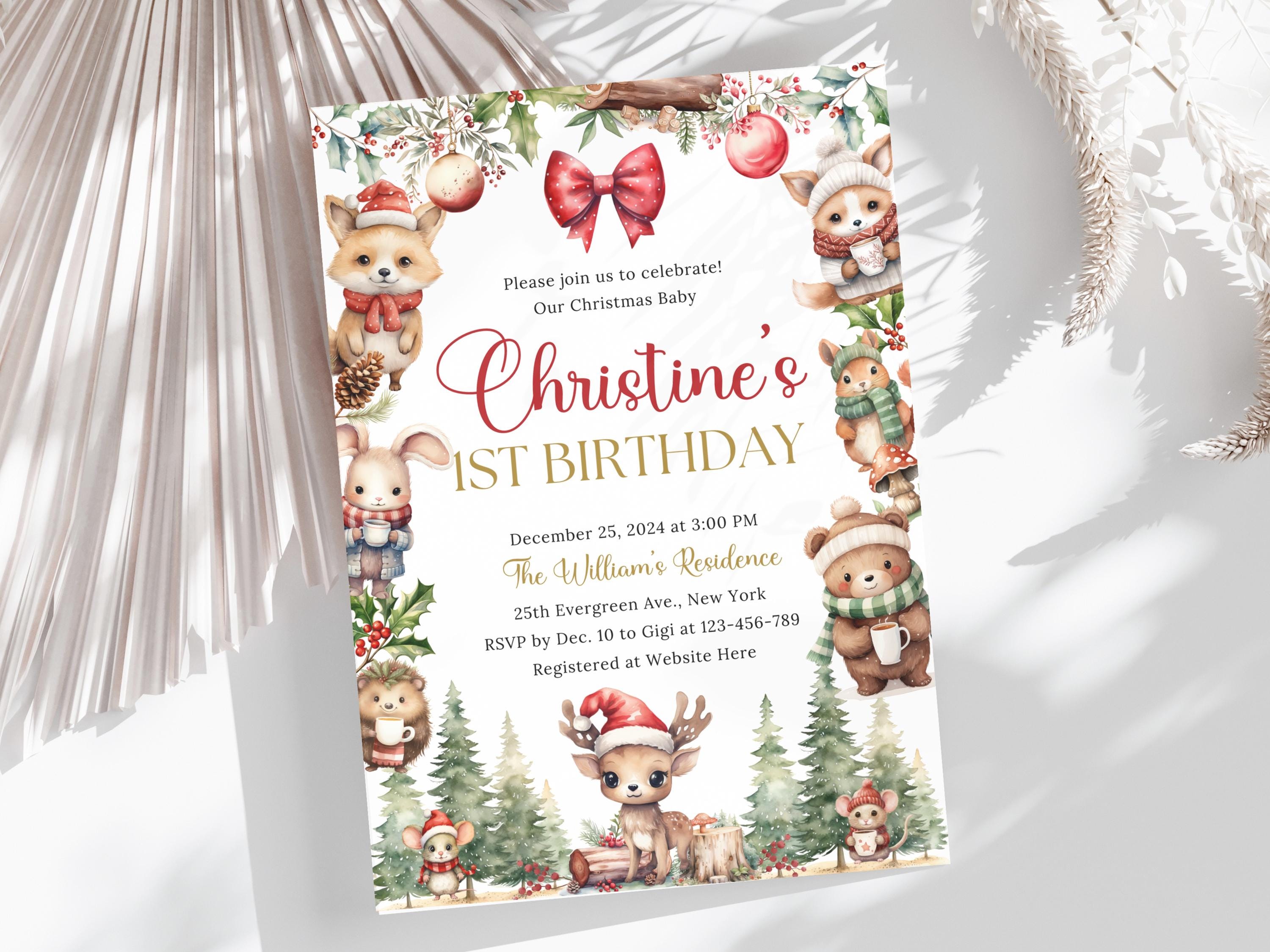 Woodland Christmas Birthday Invitation, Holiday Party Invite, Rustic ...