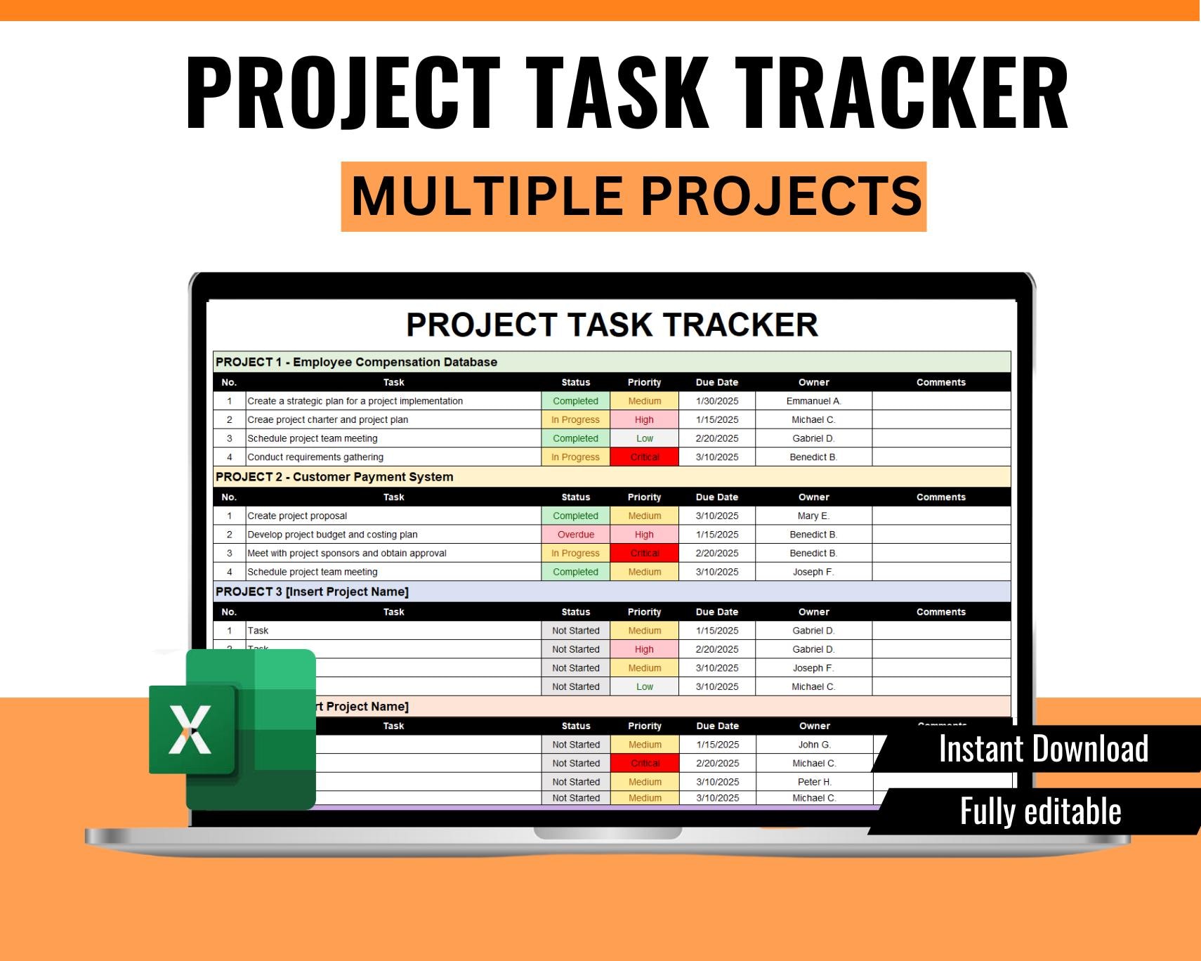 Project Task Tracker Spreadsheet, Project Management, Multiple Project ...