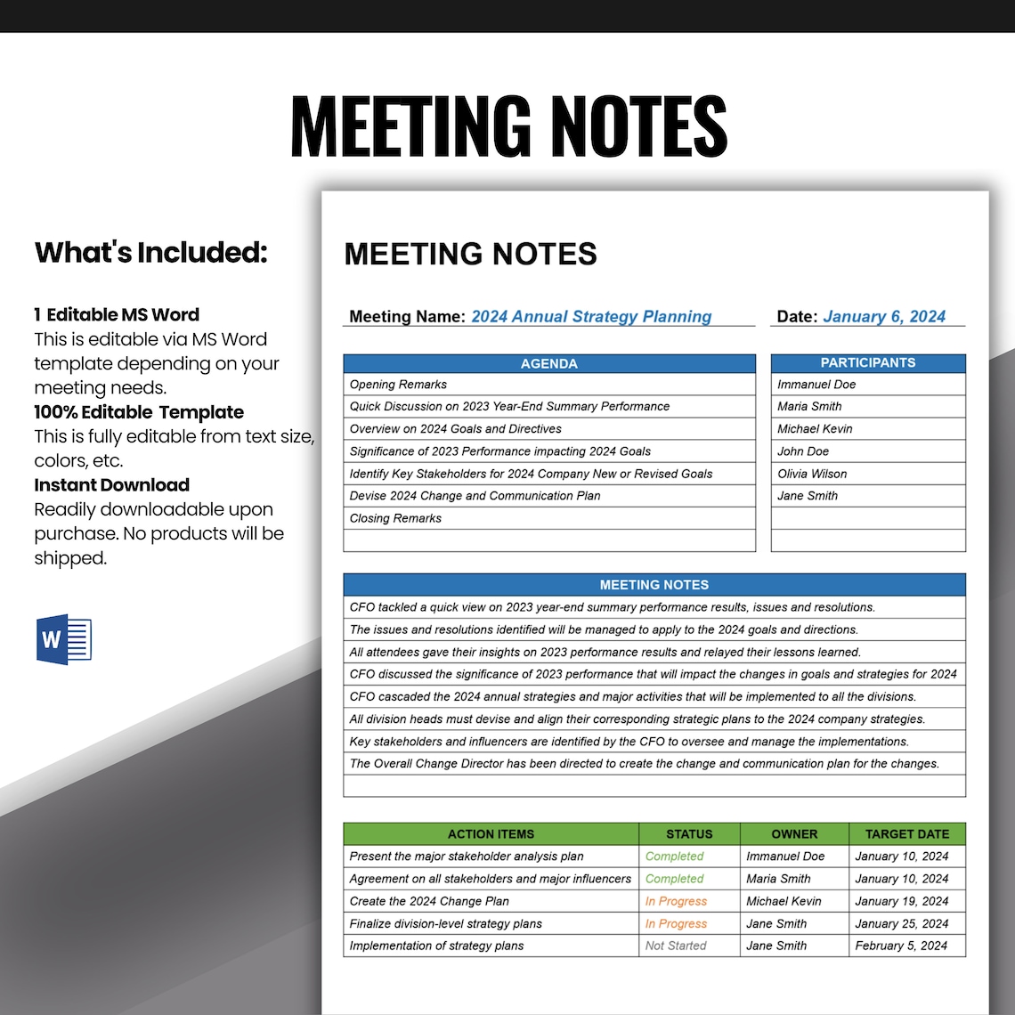Meeting Notes, Meeting Minutes, Agenda, Editable Meeting Notes, Meeting ...