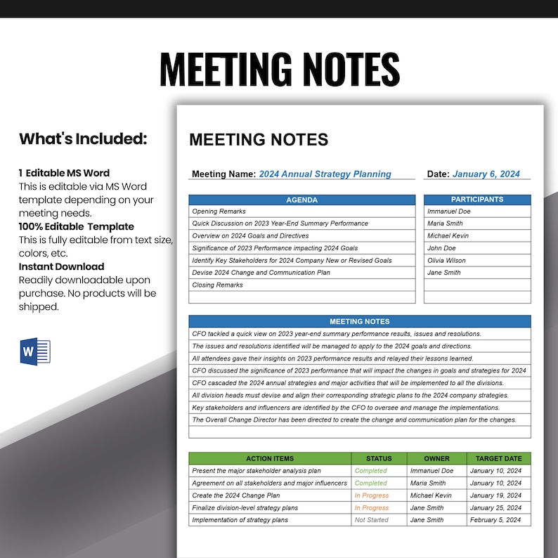 Meeting Notes, Meeting Minutes, Agenda, Editable Meeting Notes, Meeting ...