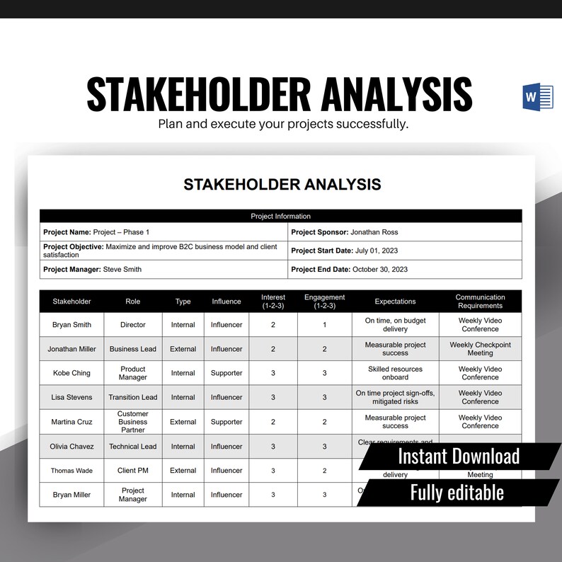 Stakeholder Analysis Template, Stakeholder Plan, Stakeholder Management ...