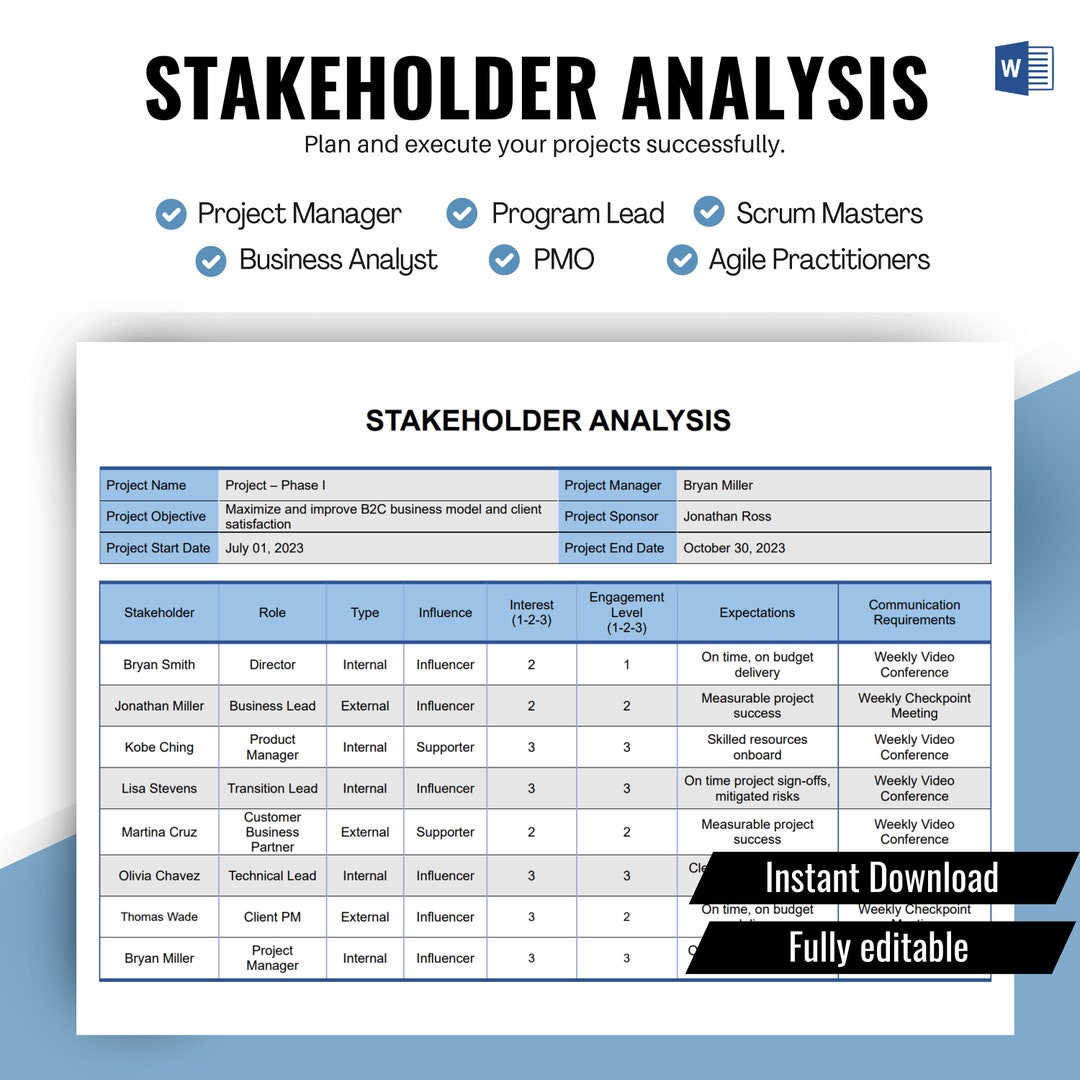 Stakeholder Analysis Template Stakeholder Plan Stakeholder - Etsy