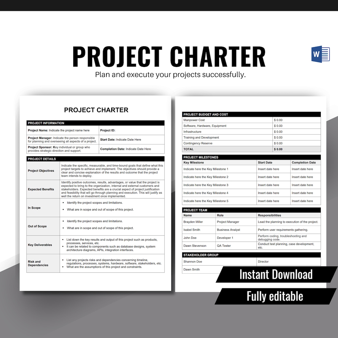 Project Charter Template, Project Management Template, Project, Project ...