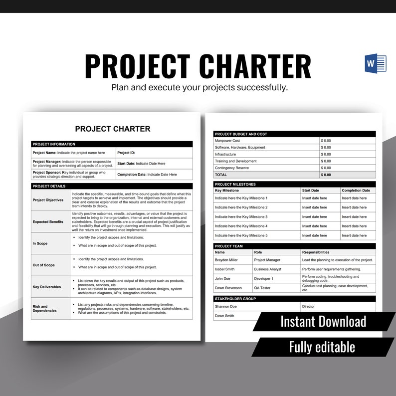 Project Charter Template, Project Management Template, Project, Project ...