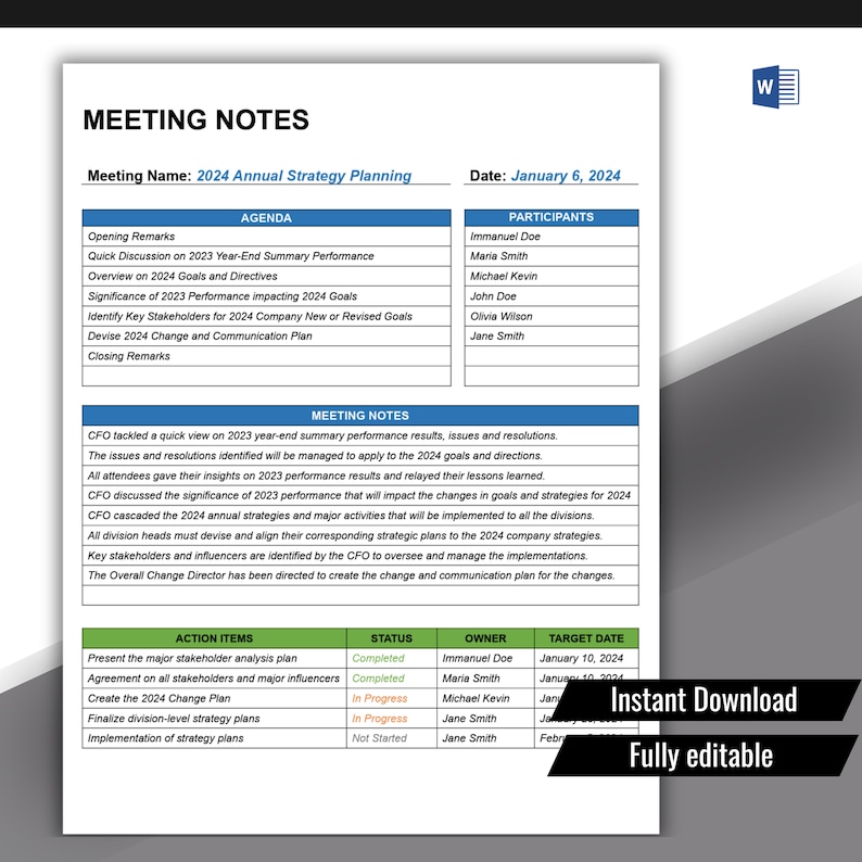 Meeting Notes, Meeting Minutes, Agenda, Editable Meeting Notes, Meeting ...