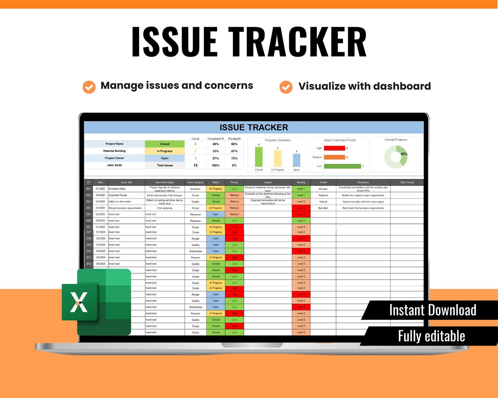 Issue Tracker Spreadsheet, Issue Tracker Excel, Issue Tracker, Issue ...