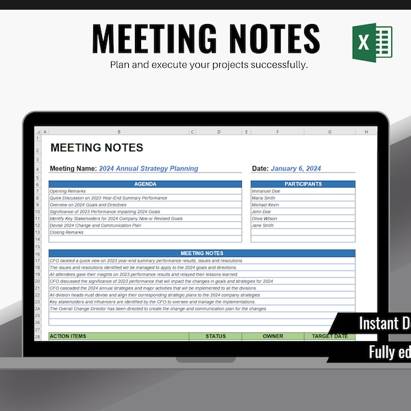 Excel Template Meeting Notes - Etsy