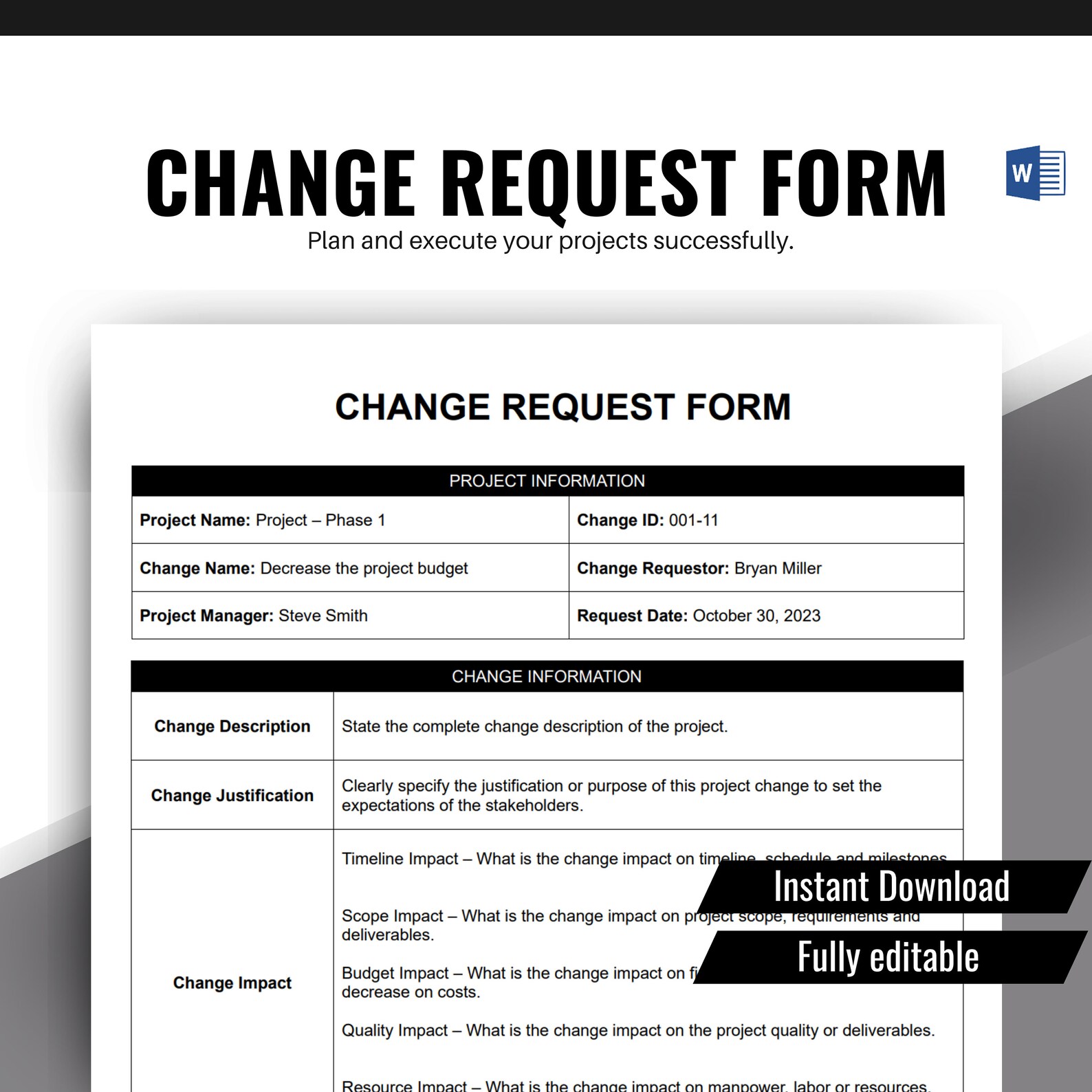 Change Management, Change Request Form, Project Management, Project ...